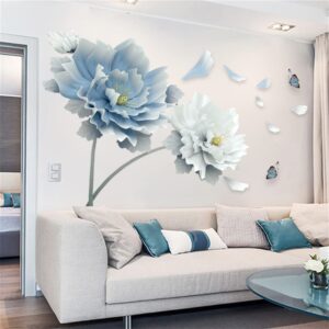 blue flower wall decals stickers,peel and stick flower wall sticker diy floral wall art for bedroom living room classroom office (2 blue peony flowers)