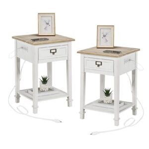 wnutrees end table with charging station,2 usb ports and 2 outlets,nightstand bedside table with drawer and open storage shelf,for living room bedroom,white,set of 2