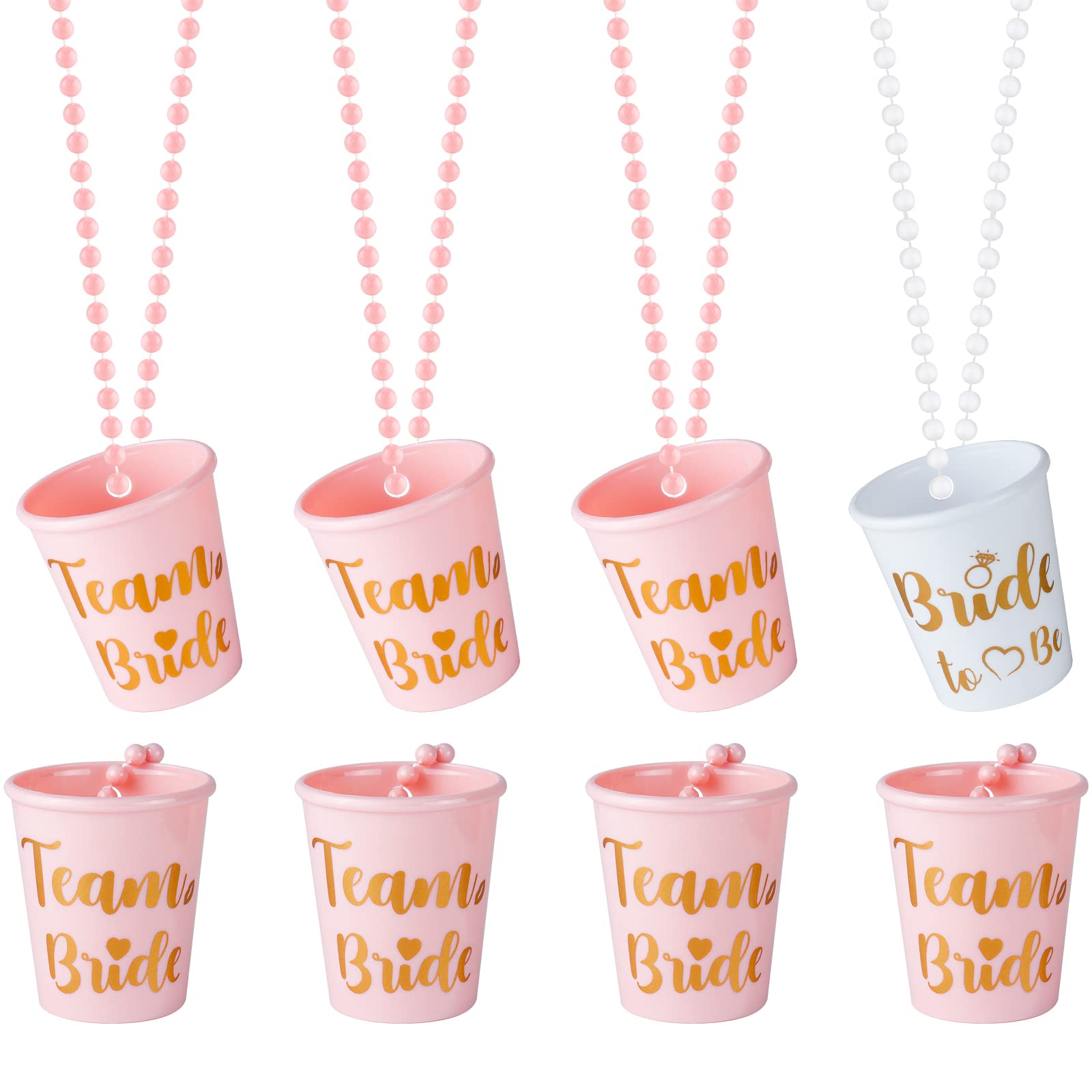 MGupzao Bachelorette Party Favors Shot Glass Necklace 8Pcs Bride to Be and Team Bride Cup Necklace with Plastic Beads for Bridal Shower Engagement Party Pink and White