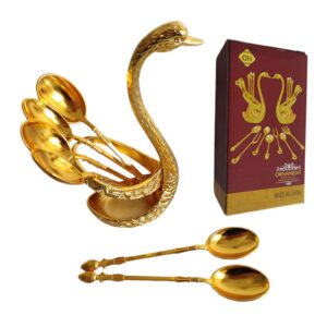 gold coffee spoon with metal swan base holder with 6 spoons organizer, stainless steel serving bar dessert spoon for cake countertoptableware household