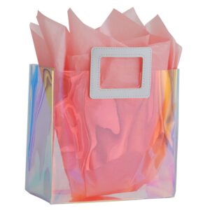 vuojur 8.3'' holographic small gift bag with tissue paper reusable birthday gift bag for girls women iridescent bachelorette wedding bridal bridesmaid tote gift bag (pack of 1, s glossy coral)