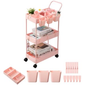 danpinera slim storage cart, 3 tier narrow rolling cart on wheels bathroom organizer cart with dividers handle hanging cups hooks for laundry room kitchen small spaces, pink