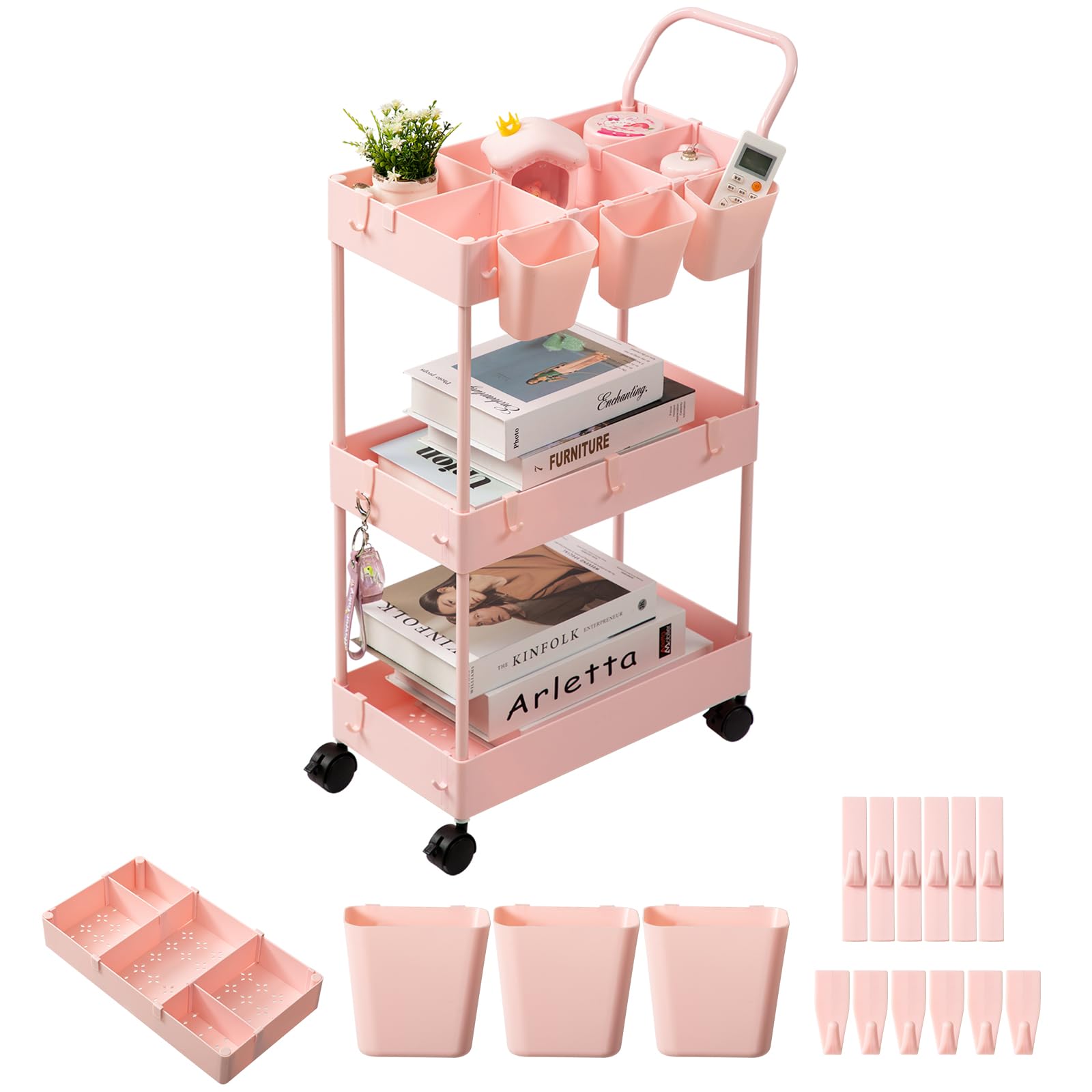 danpinera Slim Storage Cart, 3 Tier Narrow Rolling Cart on Wheels Bathroom Organizer Cart with Dividers Handle Hanging Cups Hooks for Laundry Room Kitchen Small Spaces, Pink