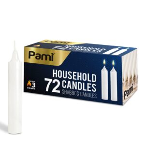 pami traditional shabbat candle sticks [72-pack] - unscented taper candles with 3 hours burning time- paraffin shabbos candles with beautiful flame- tall dinner candles for candlestick holders