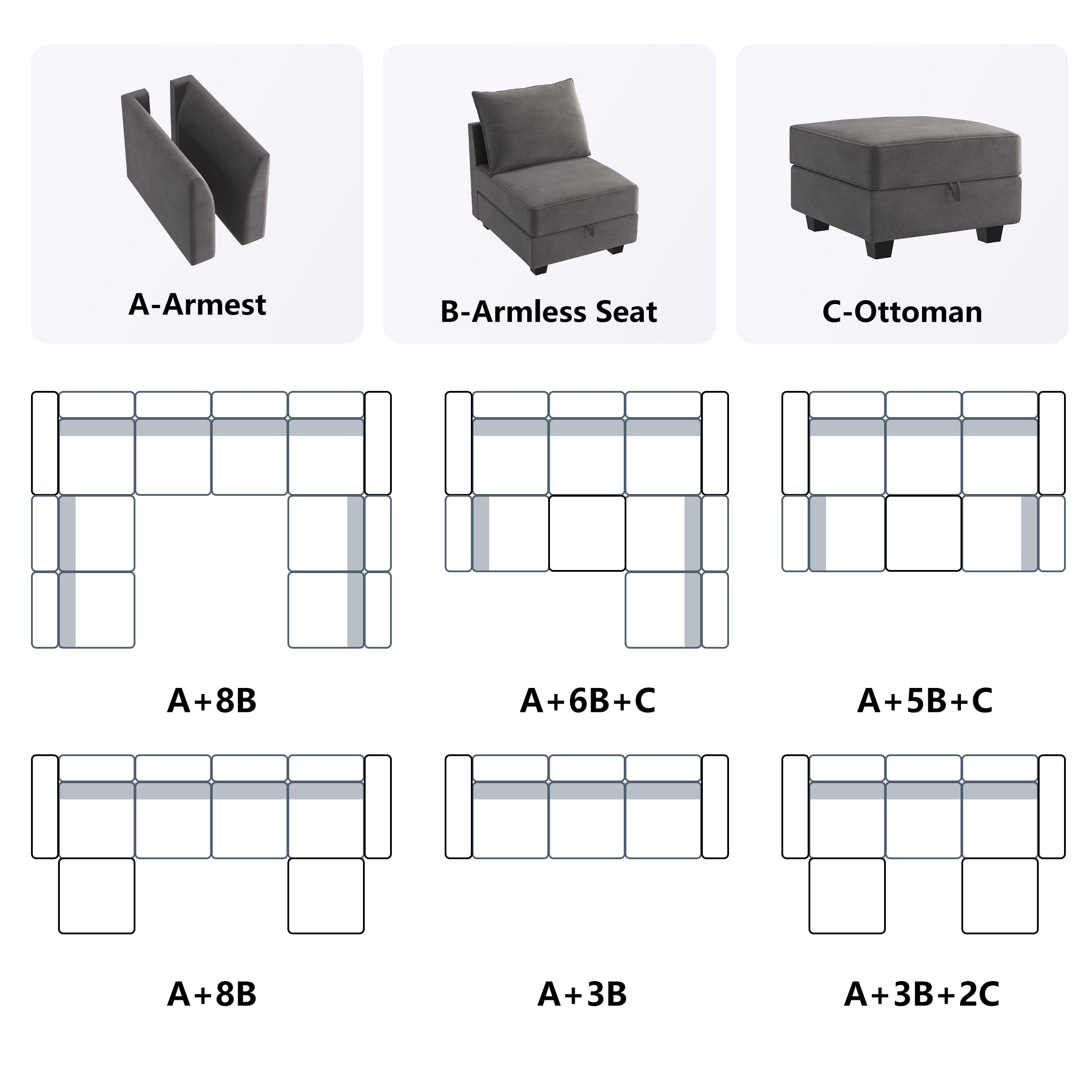 HONBAY Middle Module for Modular Sectional Sofa Couch, Accent Armless Chair with Storage Seat, Velvet Grey