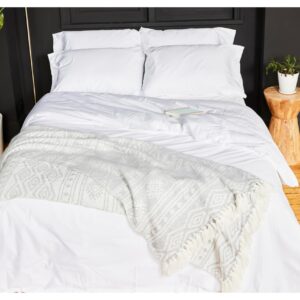 WAADI Queen Duvet Cover Set 4pcs- 100% Cotton Duvet Cover Set Includes: Duvet Cover, Fitted Sheet (Deep Pockets, fits 18in Mattress) & 2 Pillowcases (White, Queen)