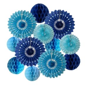 12pcs 6’’ 8’’ honeycomb balls tissue paper fans party honeycomb ball fans wall decorations tissue pom poms flower balls hanging paper fans for party baby shower birthday wedding nursery(blue kit)