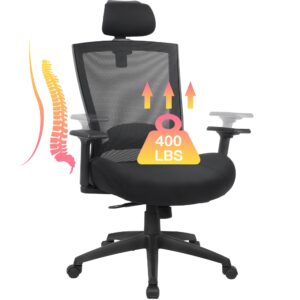 ergonomic office chair for big and tall people computer desk chair with adjustable headrest, lumbar support and armrests, mesh rolling chair for study and work, heavy duty 400lb, black