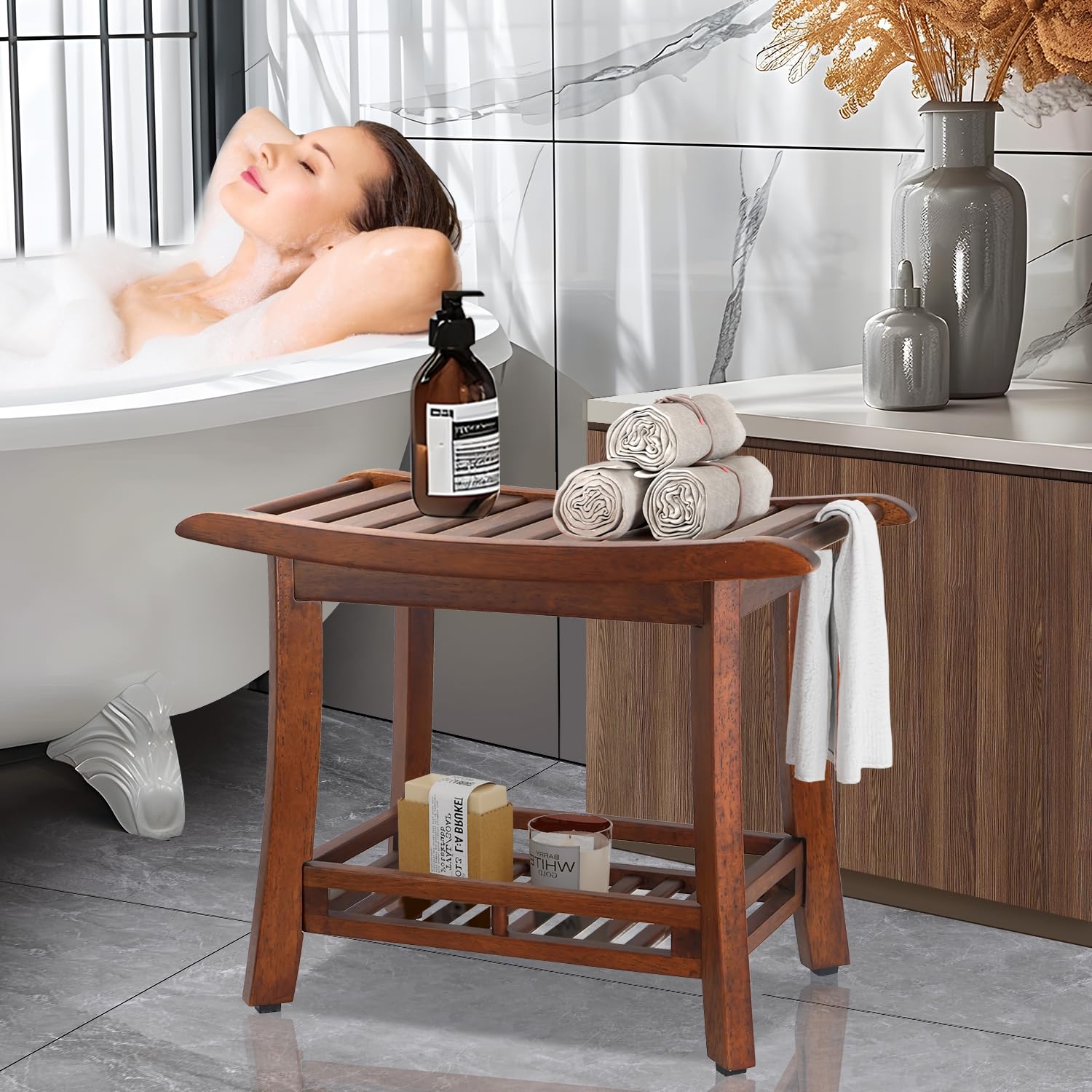 RANDEFURN 24“ Teak Shower Bench with Shelf,Teak Wood Shower Stool,Waterproof Wood Shower Chair for Elderly,2-Tier Wooden Shower Seat Spa Stool for Indoor and Outdoor Use.(24 x 13.4 x 18.3in, Brown)