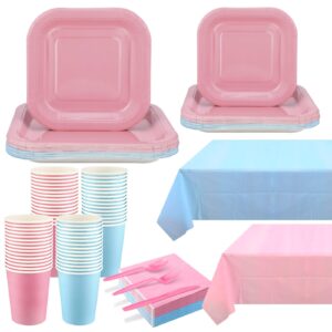 meekoo 212 pcs baby shower gender reveal party supplies serves 30 guests assorted disposable paper plates and napkins set blue and pink gender reveal party plates napkins cups cutlery (square plate)