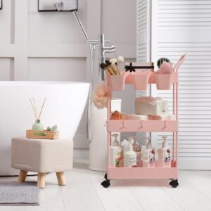 danpinera Slim Storage Cart, 3 Tier Narrow Rolling Cart on Wheels Bathroom Organizer Cart with Dividers Handle Hanging Cups Hooks for Laundry Room Kitchen Small Spaces, Pink