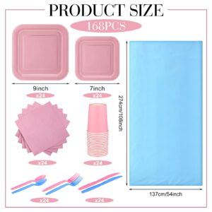 meekoo 212 Pcs Baby Shower Gender Reveal Party Supplies Serves 30 Guests Assorted Disposable Paper Plates and Napkins Set Blue and Pink Gender Reveal Party Plates Napkins Cups Cutlery (Square Plate)