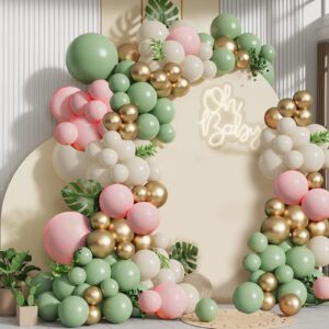 sage green pink balloons garland kit,133pcs olive green blush pink sand white metallic gold balloons for girl baby shower bridal shower wedding birthday jungle safari woodland party decorations…