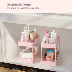 danpinera Slim Storage Cart, 3 Tier Narrow Rolling Cart on Wheels Bathroom Organizer Cart with Dividers Handle Hanging Cups Hooks for Laundry Room Kitchen Small Spaces, Pink