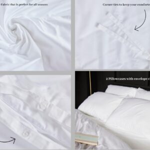 WAADI Queen Duvet Cover Set 4pcs- 100% Cotton Duvet Cover Set Includes: Duvet Cover, Fitted Sheet (Deep Pockets, fits 18in Mattress) & 2 Pillowcases (White, Queen)