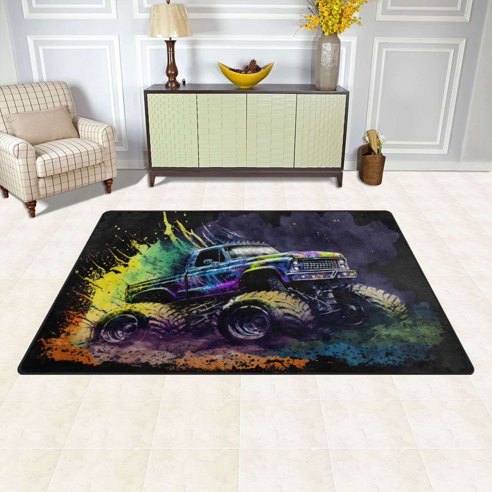 Vnurnrn Area Rug Cool Monster Truck Pattern, Anti Slip Rectangular Soft Indoor/Outdoor Floor Carpet Rugs Home Decor for Living Dinning Room Bedroom Kitchen 60x39 inch