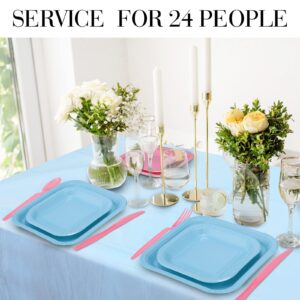 meekoo 212 Pcs Baby Shower Gender Reveal Party Supplies Serves 30 Guests Assorted Disposable Paper Plates and Napkins Set Blue and Pink Gender Reveal Party Plates Napkins Cups Cutlery (Square Plate)