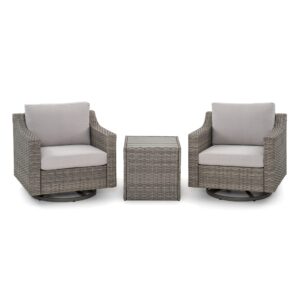 happatio patio chairs set of 2, 360-degree swivel outdoor chairs, 3 piece wicker patio bistro set with comfortable cushions and sturdy rattan table for yard, porch, balcony(grey)