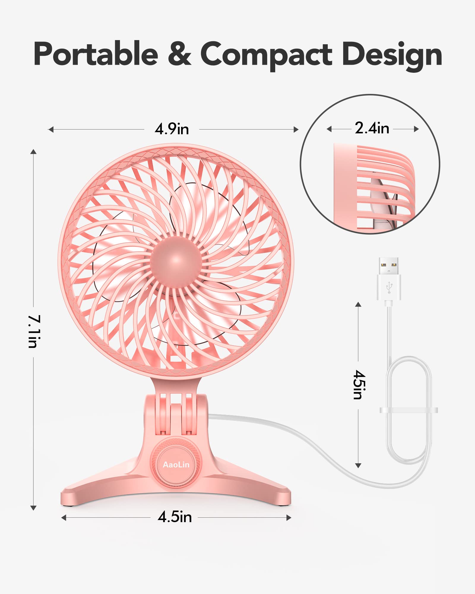 AaoLin USB Desk Fan, Small Fans with CVT Variable Speeds, Strong Cooling Airflow, Quiet Portable, Desktop Mini Personal Table Fan for Room, Home,Office, Bedroom, Pink