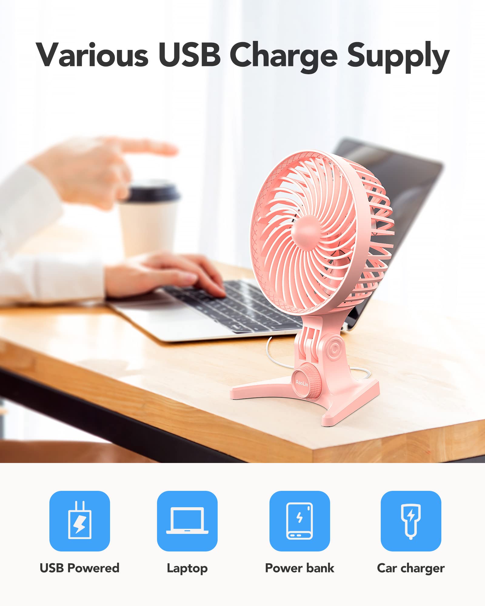 AaoLin USB Desk Fan, Small Fans with CVT Variable Speeds, Strong Cooling Airflow, Quiet Portable, Desktop Mini Personal Table Fan for Room, Home,Office, Bedroom, Pink