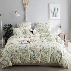 sedefen floral duvet cover queen size boho aesthetic green botanical bedding set with colorful flower print pattern 3 pieces soft microfiber comforter cover with zipper ties garden style