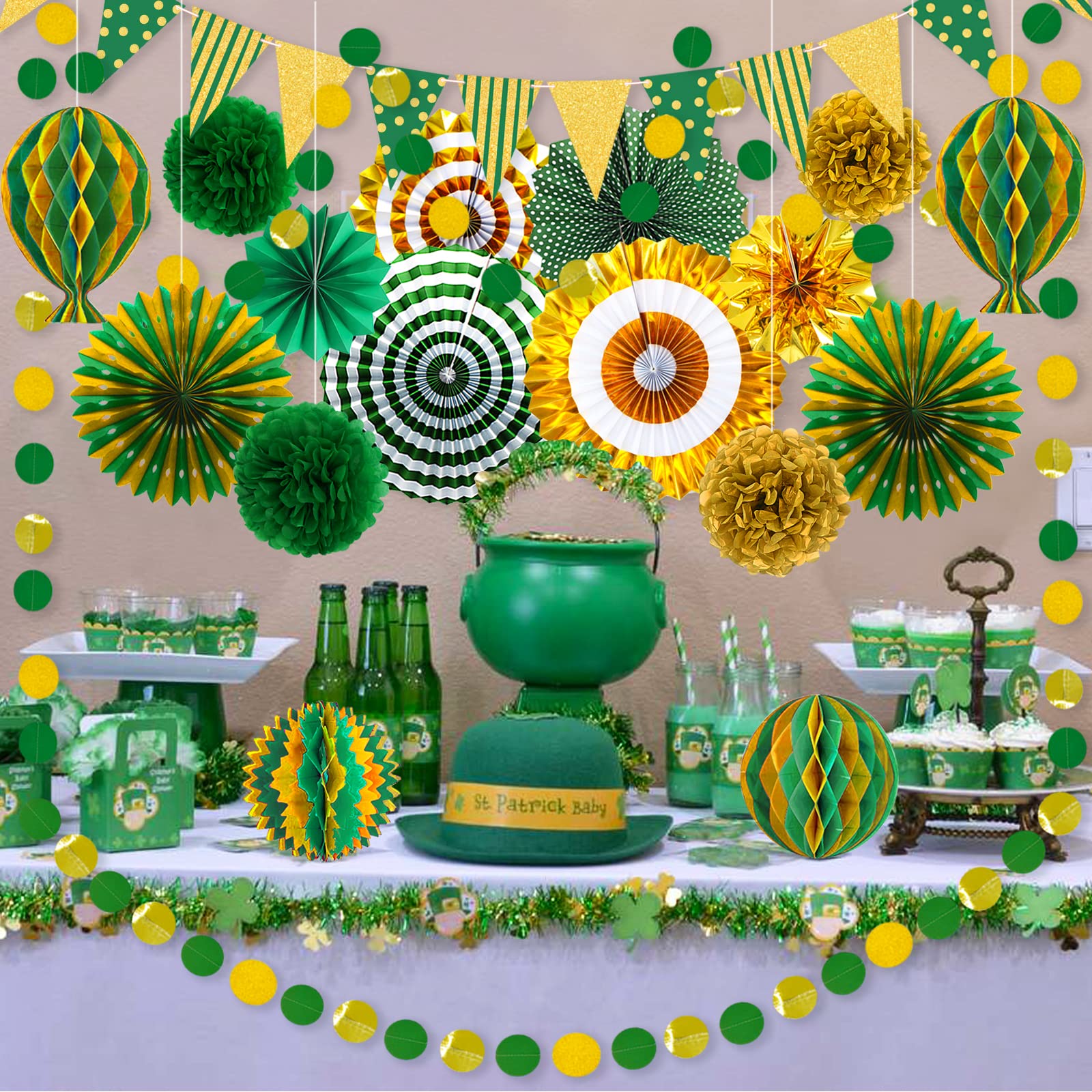 Green Gold Party Decorations, Graduation Season Hanging Paper Fans Honeycomb Balls Dot Garland Glitter Triangle Flags Pennants for St. Patrick's Day Green Theme Birthday Gender Reveal Supplies