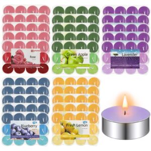 mtlee 300 pack scented candles tea light candles small tea lights with essential oils and cotton wick, 4 hour burn time for votive home, wedding and holiday rose blueberry apple lemon lavender