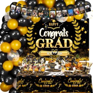 hjingy graduation decorations class of 2024, 2024 graduation party decorations include grad backdrop, photo banner, congrats cards, balloons, tablecloth, plates, cake toppers for college high school