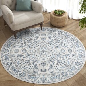 jinchan round rug 5ft vintage rug medallion washable rug floral rug area rug distressed rug non slip accent rug thin rug boho soft rug sofa carpet for living room bedroom dining room blue