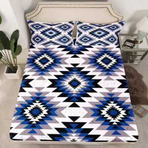 kids southwest native american design fitted sheet queen size blue grey geometric bed sheet set for boys girls teens bedroom decor tribal bedding set set women men bed cover with 2 pillow case