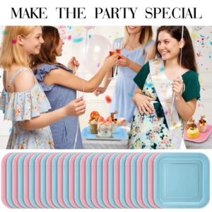 meekoo 212 Pcs Baby Shower Gender Reveal Party Supplies Serves 30 Guests Assorted Disposable Paper Plates and Napkins Set Blue and Pink Gender Reveal Party Plates Napkins Cups Cutlery (Square Plate)