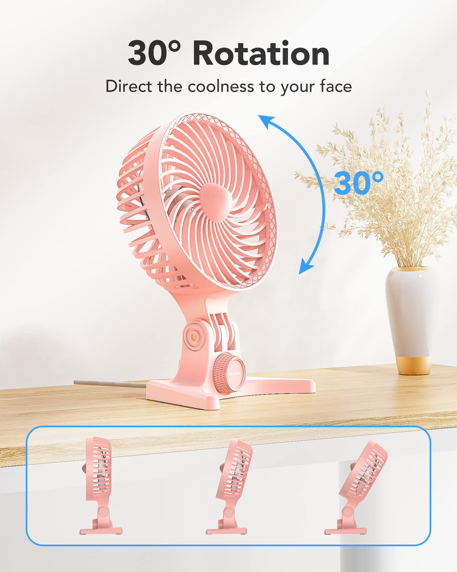 AaoLin USB Desk Fan, Small Fans with CVT Variable Speeds, Strong Cooling Airflow, Quiet Portable, Desktop Mini Personal Table Fan for Room, Home,Office, Bedroom, Pink