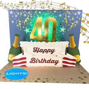 100 greetings birthday cards with lights & music - happy birthday card mom, birthday gift for son, birthday cards women & men, 1 pop up birthday card (gold 40th)