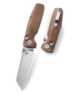 bestech knives pocket folder folding knife: 3.07" d2 steel cleaver stonewashed blade, micarta scales, thumbstud, b-lock, edc steel clip, bg43d (natural)