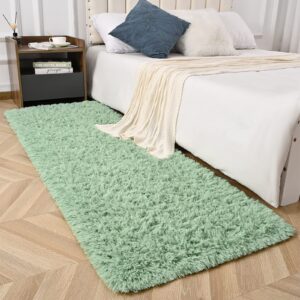 zedrew sage green runner area rugs for bedroom living room, 2x4 feet fluffy bedside rugs, soft shaggy carpet rug for kids room nursery, furry rugs for girls boys dorm room home decor