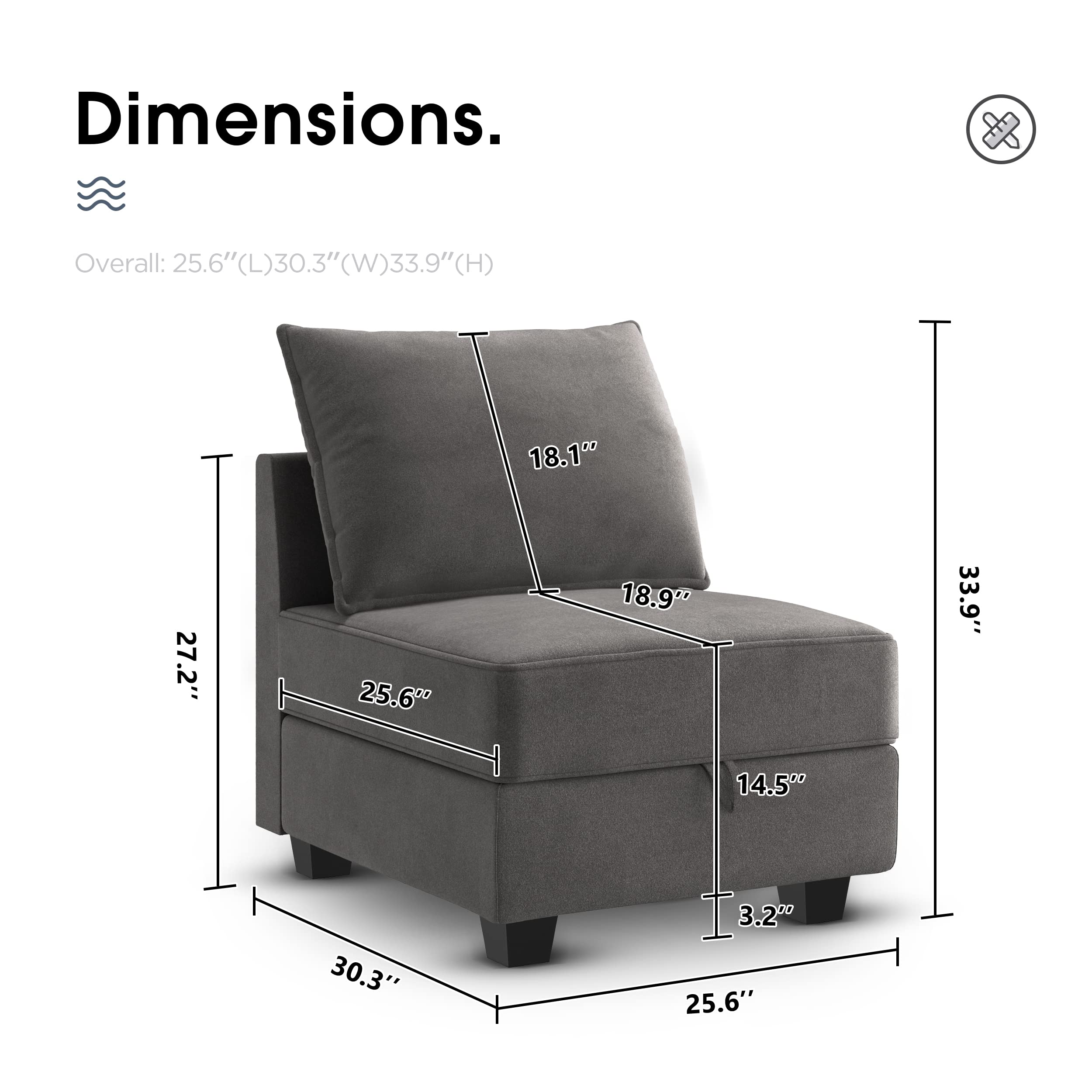 HONBAY Middle Module for Modular Sectional Sofa Couch, Accent Armless Chair with Storage Seat, Velvet Grey