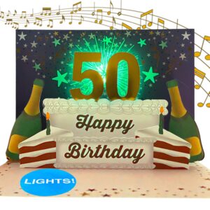 100 greetings birthday cards with lights & music - happy birthday card mom, birthday gift for son, birthday cards women & men, 1 pop up birthday card (gold 50th)