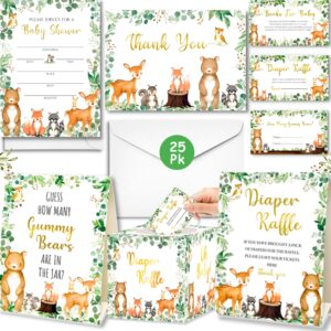 153 pc woodland baby shower invitations for boy and girl with envelopes, baby thank you cards, book request cards, diaper raffle box with ticket & sign, guess how many baby shower game -25 guest set