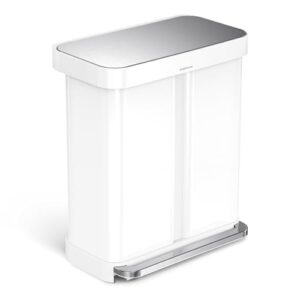 simplehuman large kitchen double trash can with lid, touchless, recycle bin + waste basket, 58 liter / 15.3 gallon, white stainless steel