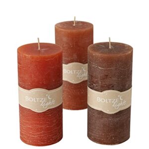 3 piece pillar candle set, paraffin wax, 68 hours burn time, cotton wick, shades of marbled amber, rustic brown and dark brown