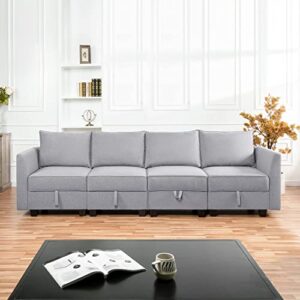 elizabeth modular 4 piece sofa for living room with extendable design & soft comfortable seating – linen modern sofa couch with sturdy wooden frame, ideal for small spaces, easy assembly, gray