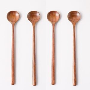 wooden soup spoon, 4pcs wooden long spoons korean style natural wood long handle round spoons long soup spoons for soup cooking mixing stirrer kitchen tools