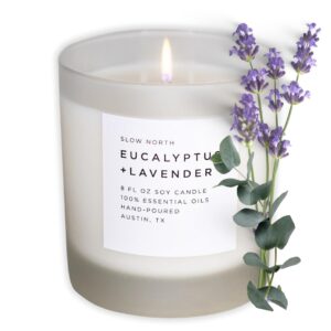 eucalyptus + lavender candle - essential oils and 100% pure soy wax candle in a reusable frosted glass jar - a unique and mindful scented candle hand-poured in the usa (8 oz)