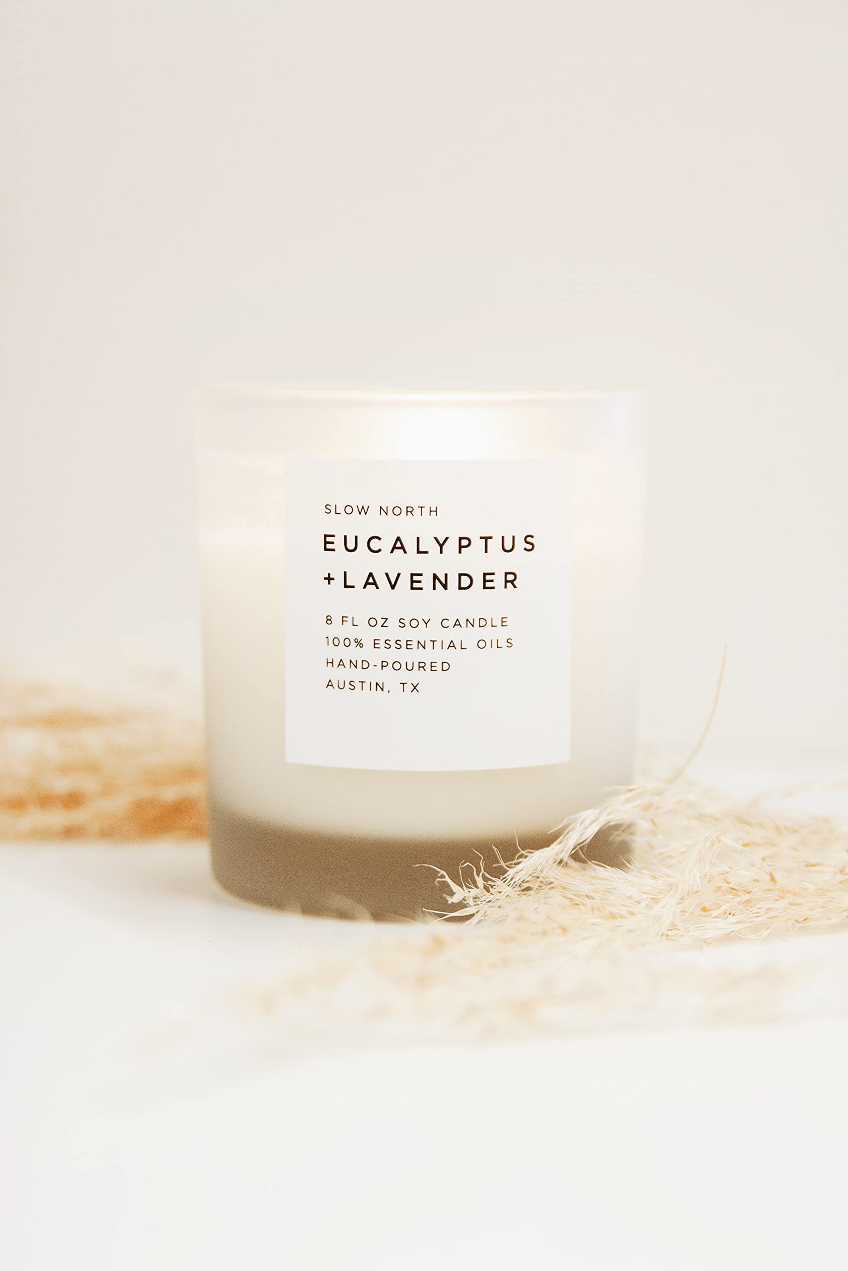 Eucalyptus + Lavender Candle - Essential Oils and 100% Pure Soy Wax Candle in a Reusable Frosted Glass Jar - A Unique and Mindful Scented Candle Hand-Poured in The USA (8 oz)