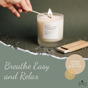 Eucalyptus + Lavender Candle - Essential Oils and 100% Pure Soy Wax Candle in a Reusable Frosted Glass Jar - A Unique and Mindful Scented Candle Hand-Poured in The USA (8 oz)