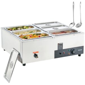 vevor 6-pan commercial food warmer, 6 x 8qt electric steam table, 1500w professional countertop stainless steel buffet bain marie with 86-185°f temp control for catering and restaurants,