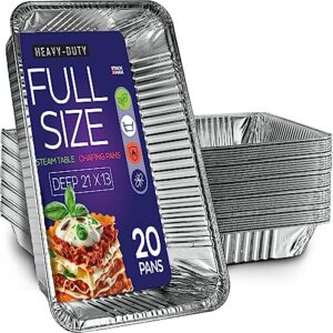 full size large aluminum pans, disposable foil 21x13 deep [20-pack] steam table chafing pan - extra heavy duty durable tray - great for roasting, cooking, warming, prepping and storing food