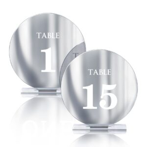 hzgueostb acrylic wedding table numbers 1-15 with stands,4.8"round mirror silver table number signs and holders for wedding reception, party, event, centerpiece decoration(silver, 1-15)