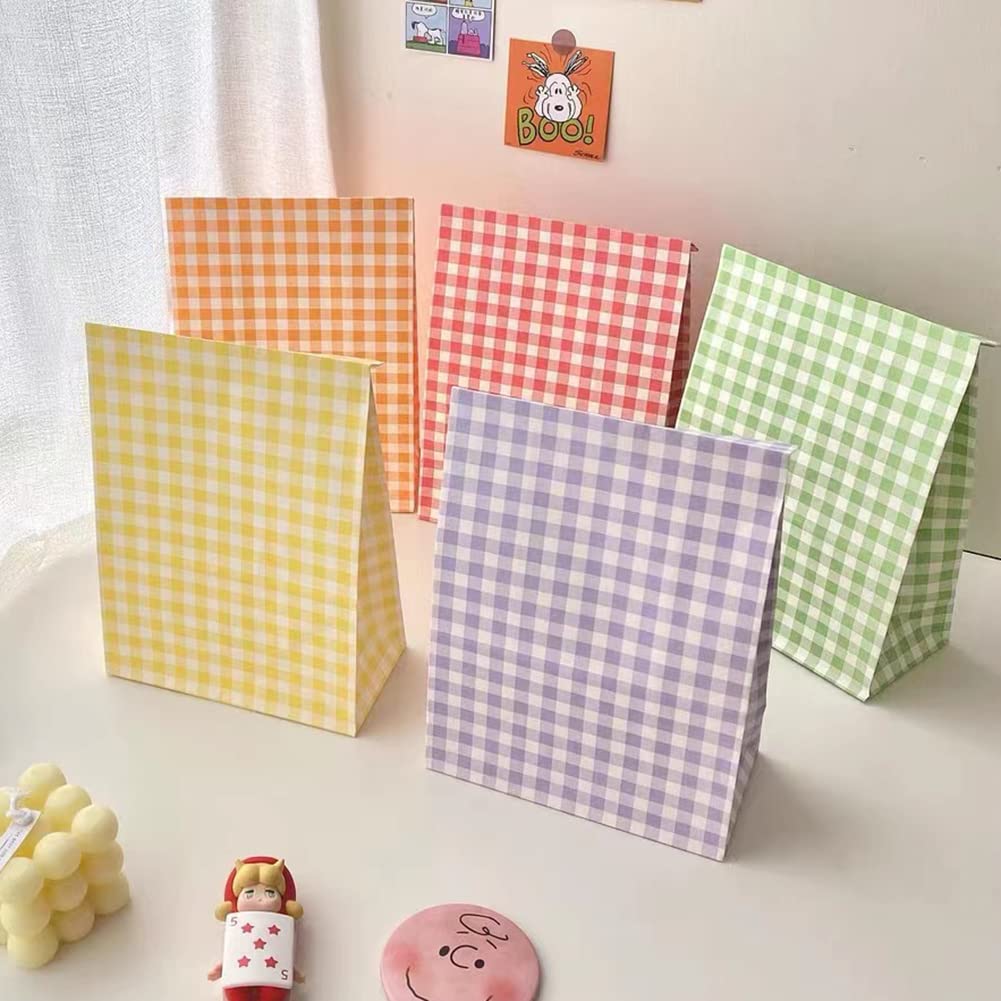 25pcs Party Favor Bags Colorful Paper Bags Rainbow Treat Bags Checked Gift Bags Goodie Bags with Stickers for Birthday Party Baby Shower Holiday Celebration