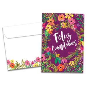 tree-free greetings - birthday cards - artful designs - 1 card + matching envelopes - made in usa - 100% recycled paper - 5"x7" - cumpleanos flowers (go64622)